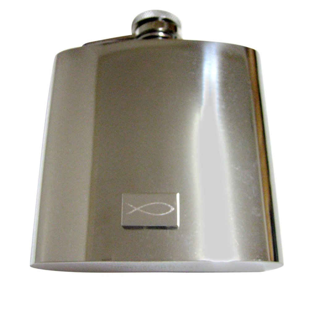 Silver Toned Religious Ichthys Fish 6oz Flask - Gem